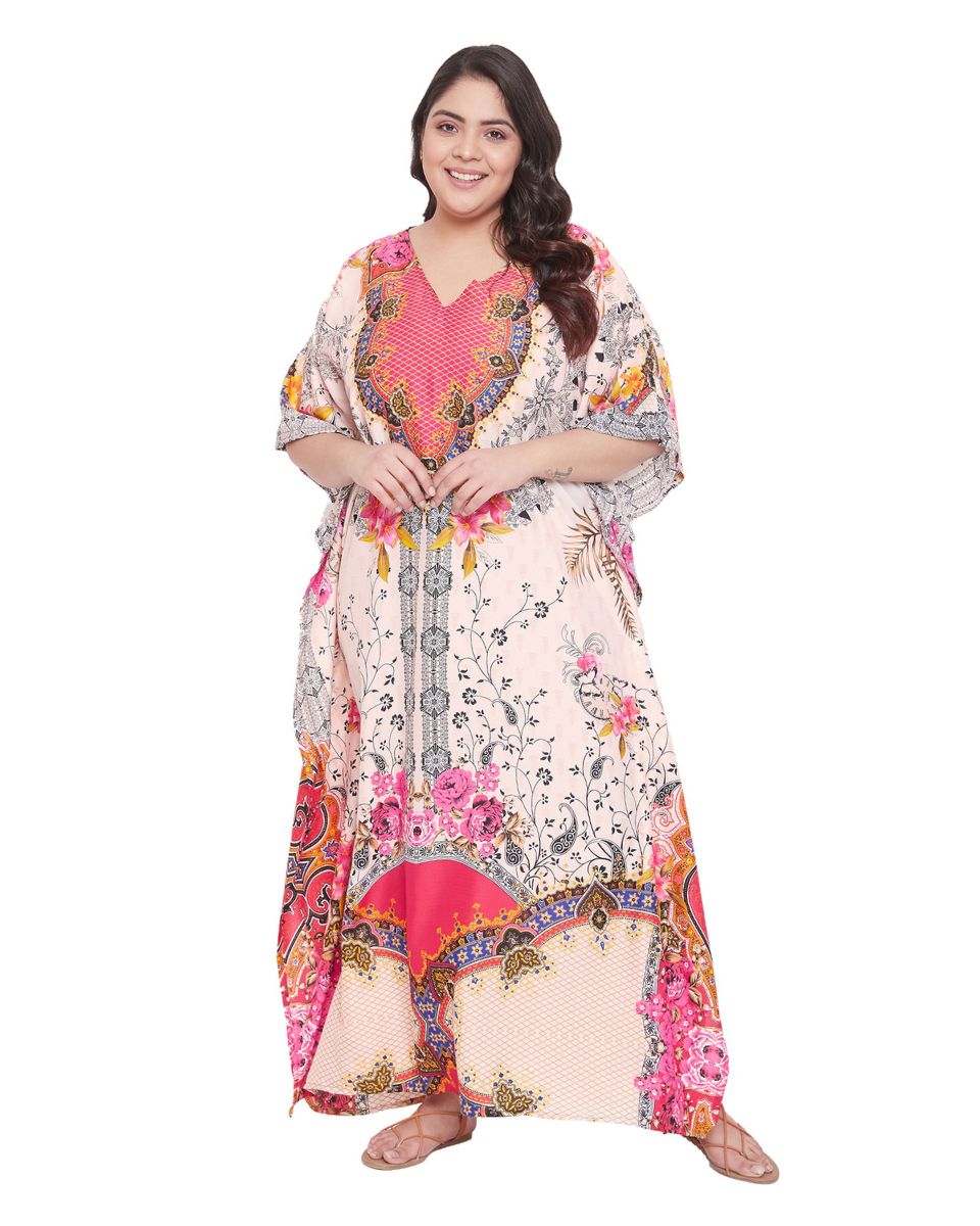 Women Floral Pattern Polyester Kimono Sleeve Plus Size Caftan