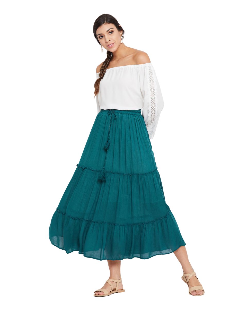 Women Elastic Drawstring Midi Skirt A-Line Casual High Waist Skirt