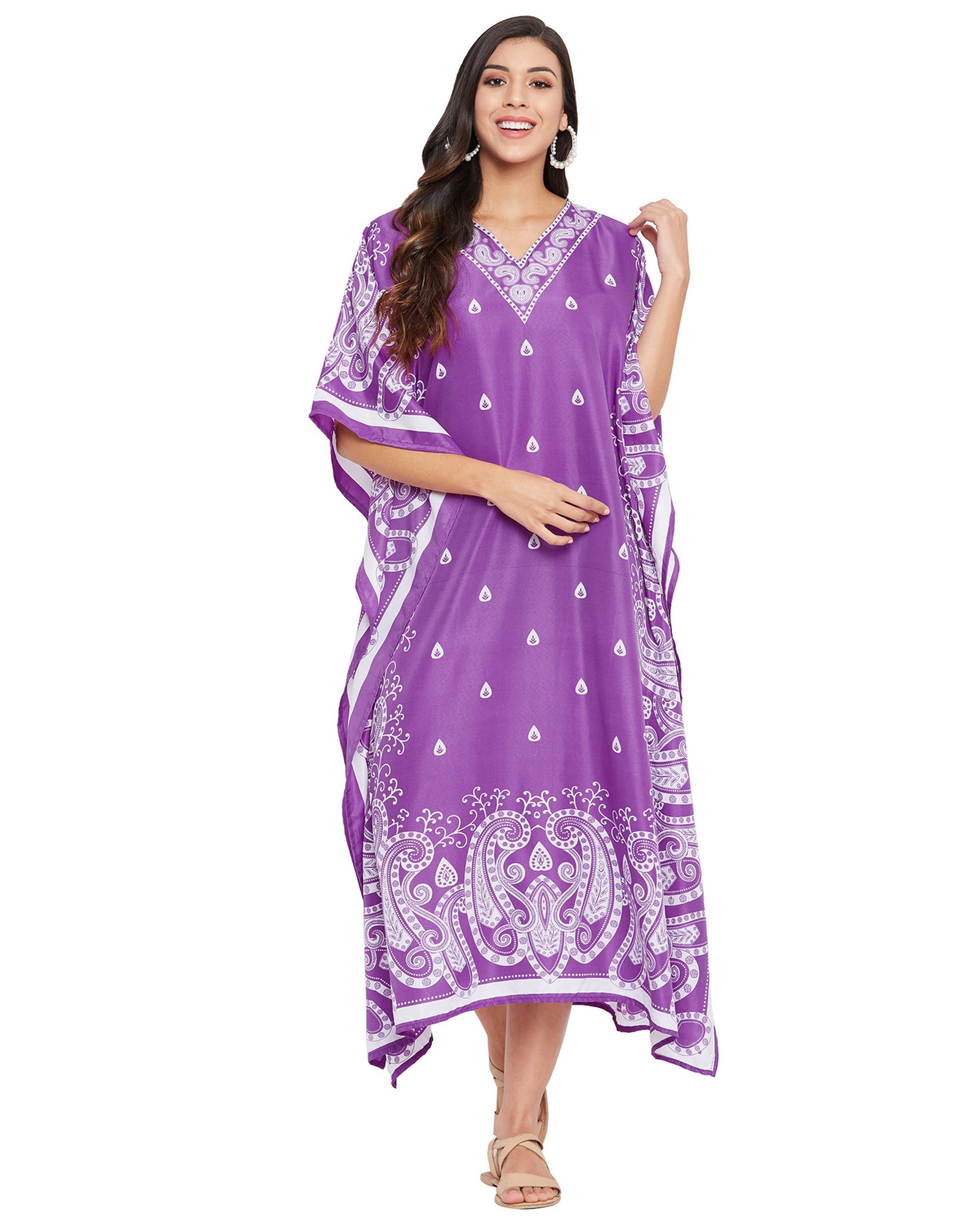 Paisley Printed Purple Polyester Plus Size Caftan Dress For Women