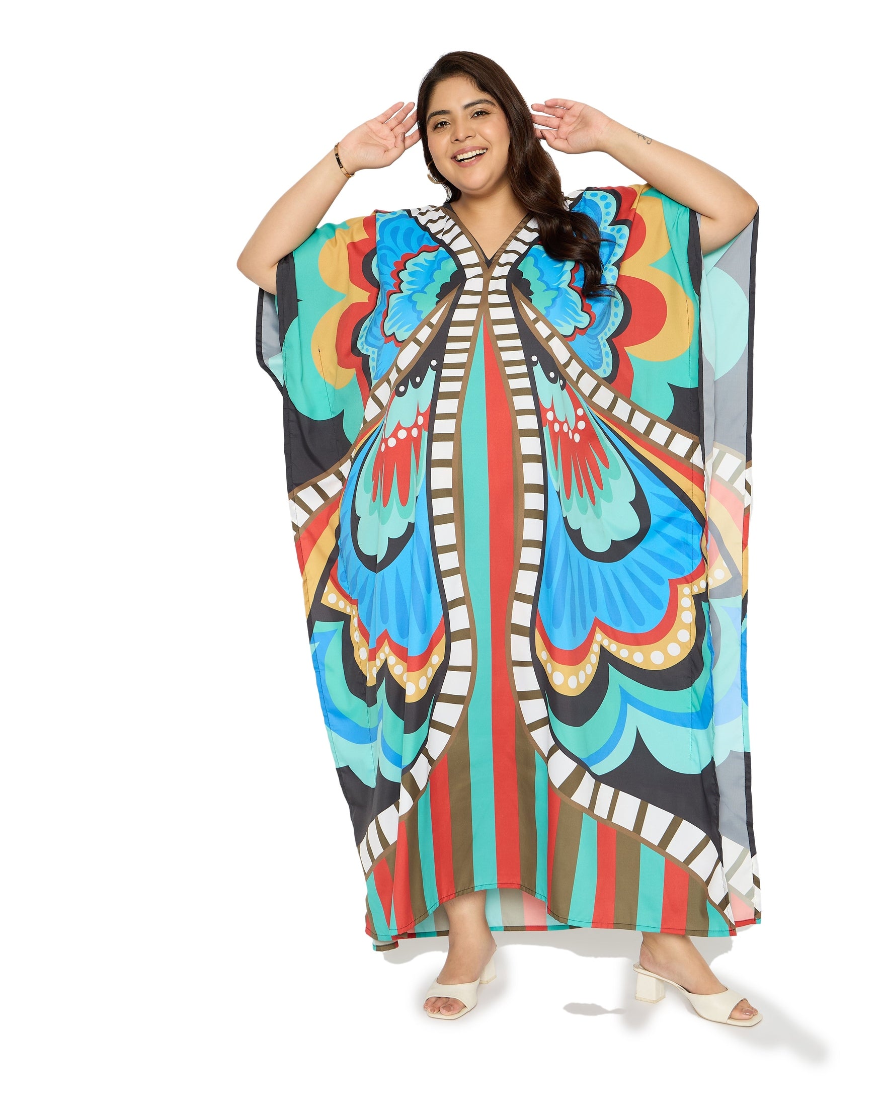 Butterfly Multicolor Polyester Plus Size Caftan Dress for Women