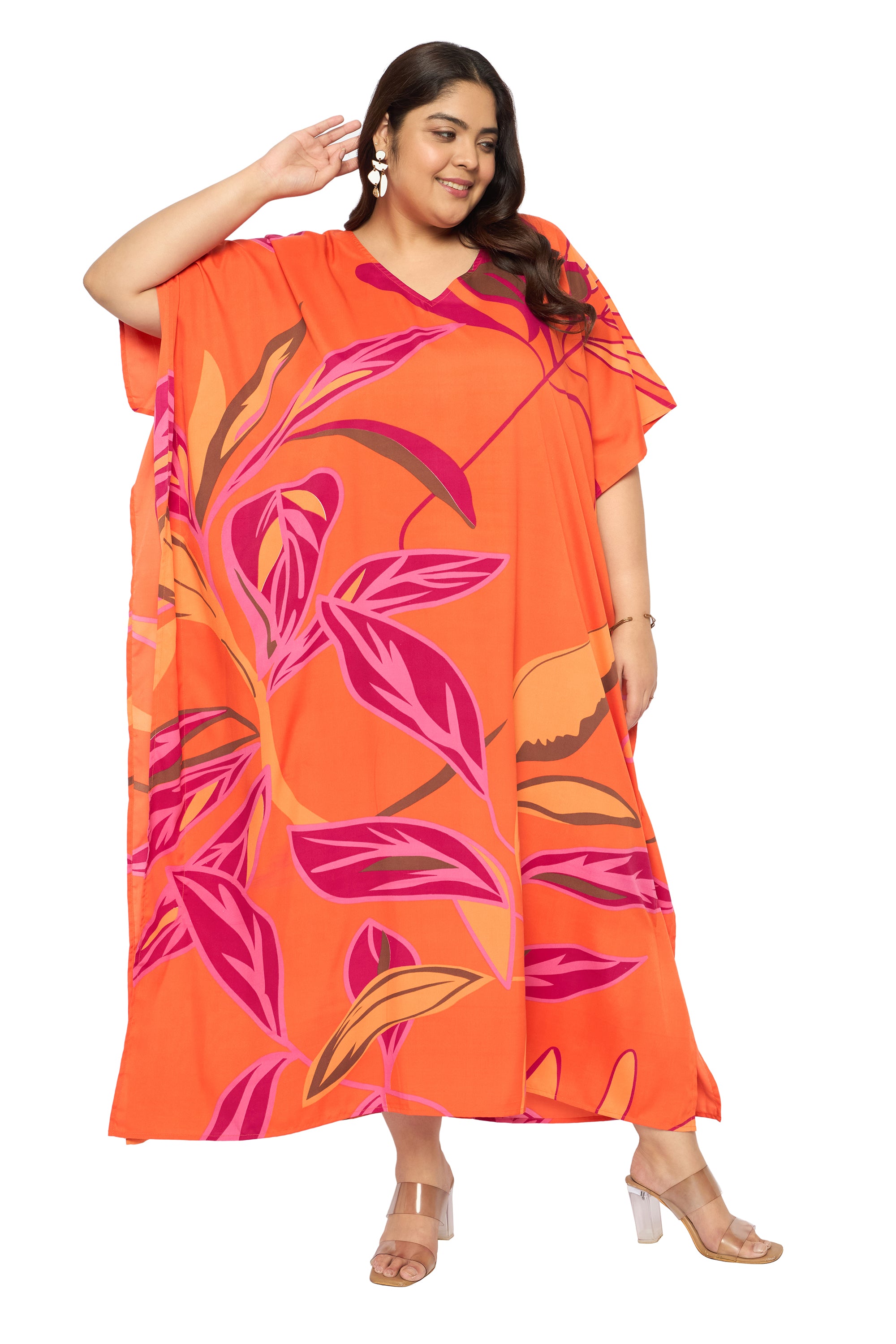 Leaf Orange Polyester Plus Size Caftan Beach Dress for Women