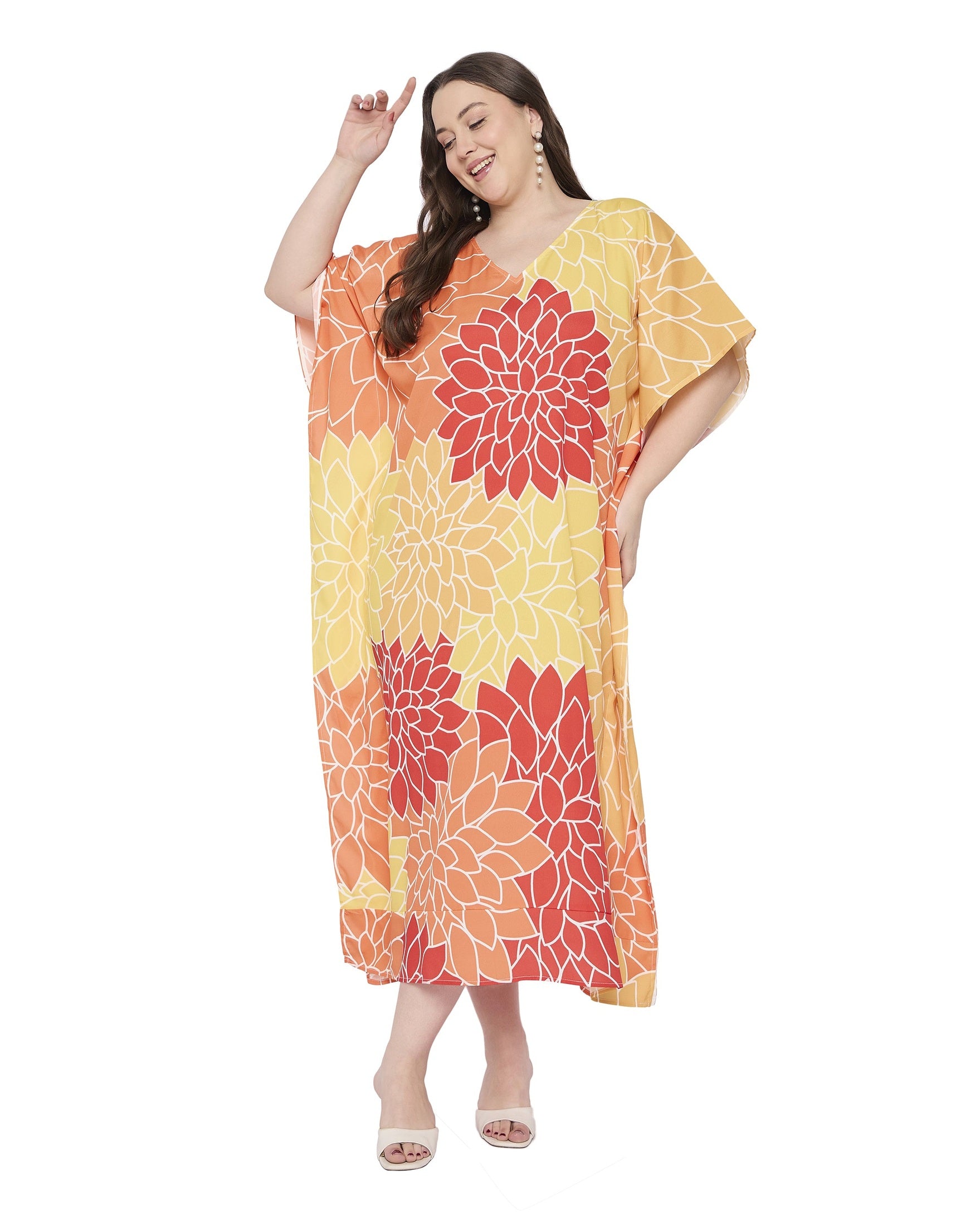 Yellow Polyester Floral Plus Size Beach Caftan Dress for Women
