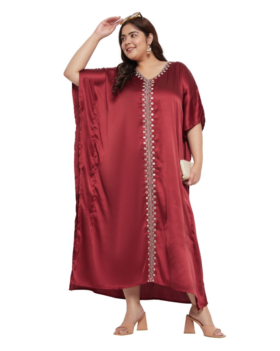 Shop Jester Red Satin Women's Kaftan Dress with Embroidery Lace Now!