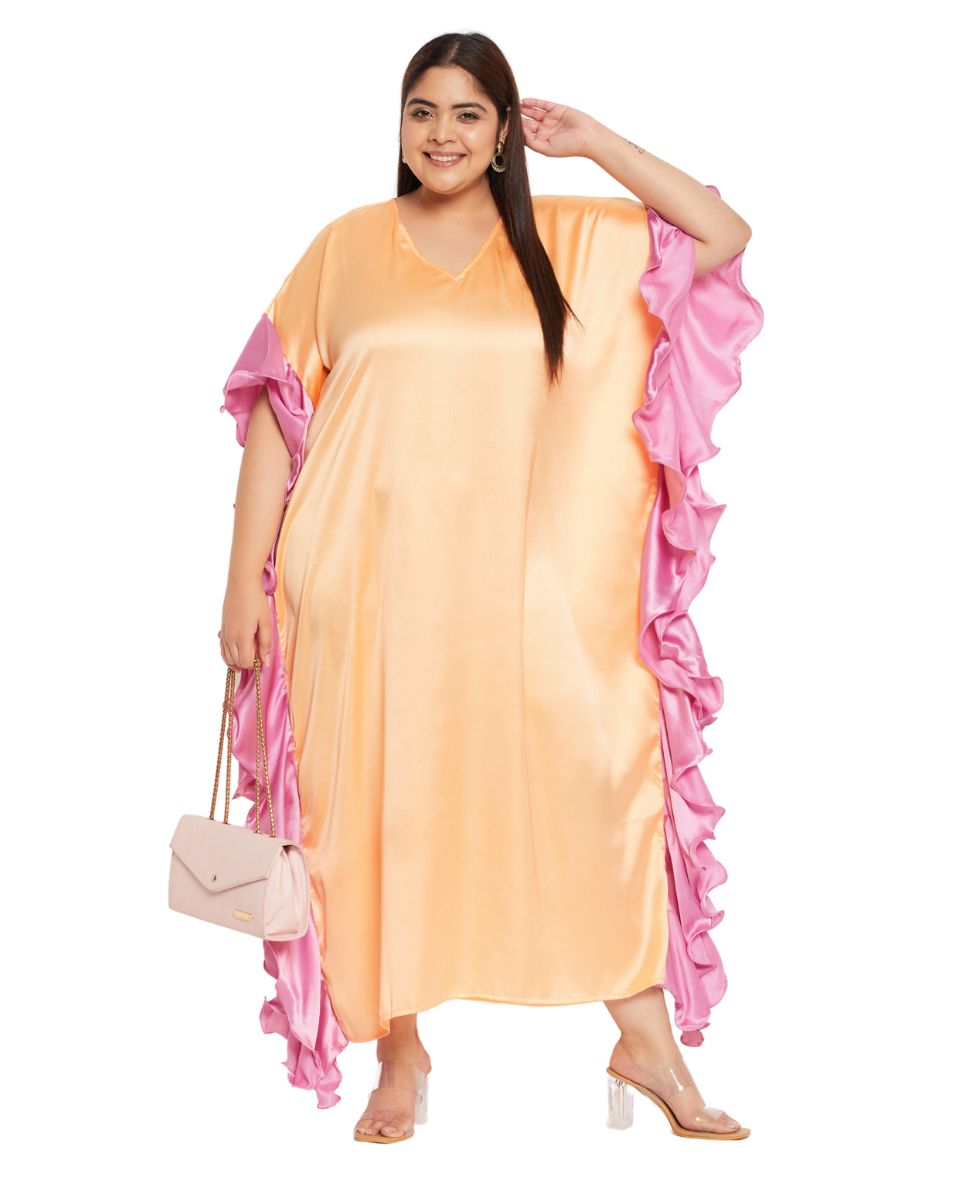 Order Solid Peach Satin Ruffle Kaftan Dress for Women Now | Gypsieblu