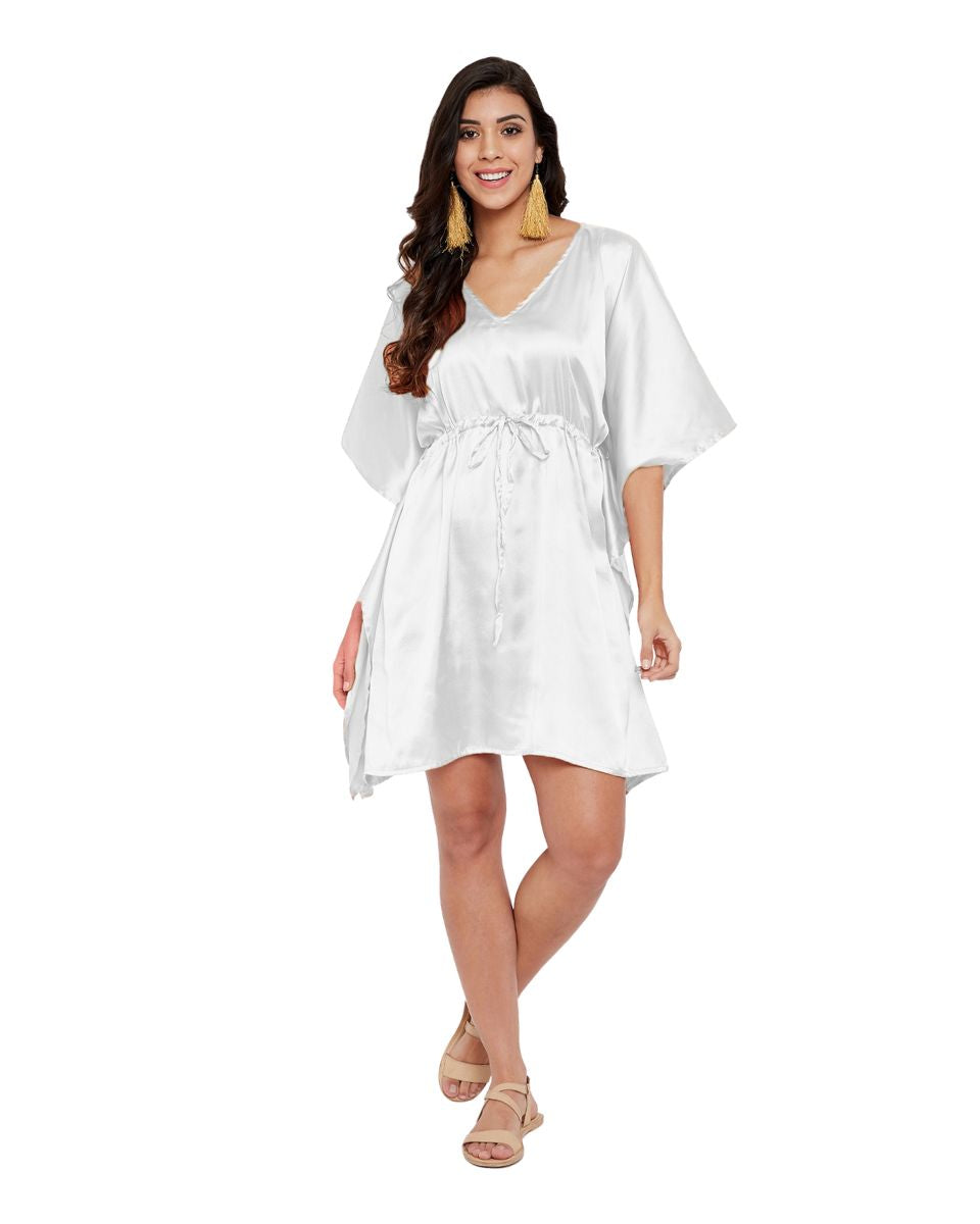 Women Poly Satin White Knee Length Tunic