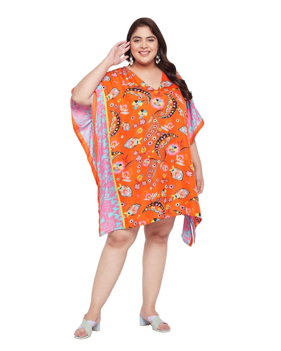 Floral Print Plus Size Knee-Length V-Neck Orange Tunic