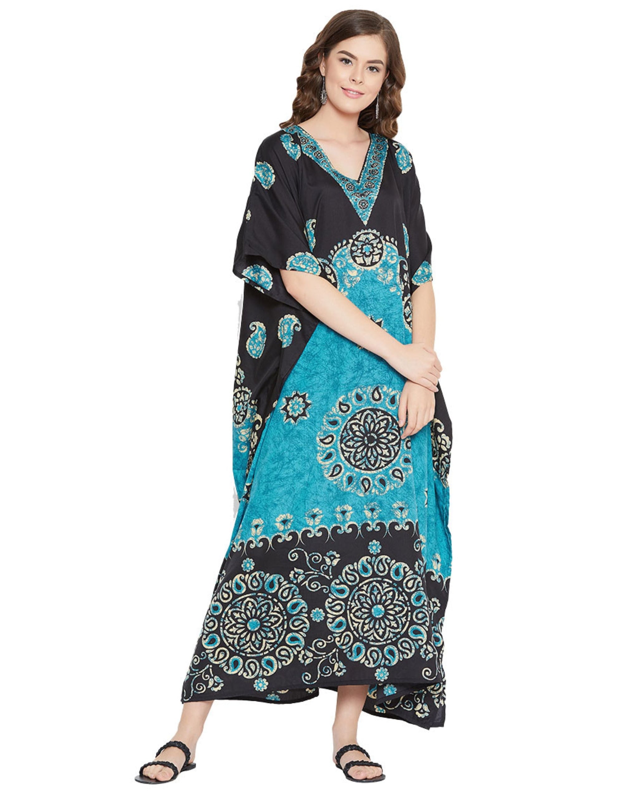 Women Black Caftan Polyester Paisley Long Maxi Plus Size Kaftan