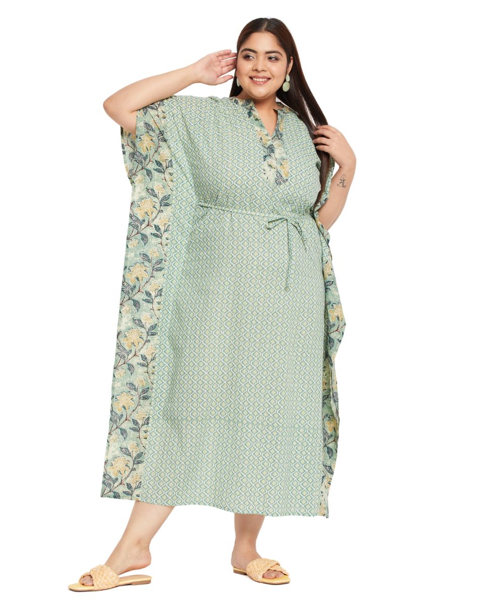Floral Printed Moss Green Cotton Drawstring Kaftan For Plus Size Women