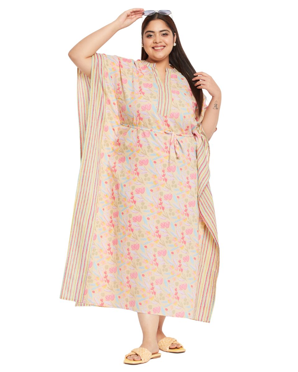 Floral YELLOW Cotton Drawstring Plus Size Elegant Evening Kaftan for W