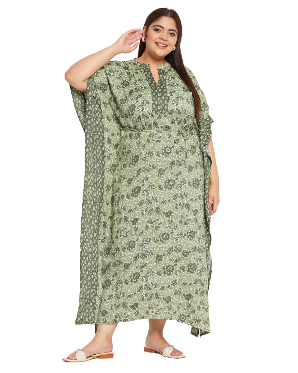 Fern Green Floral printed Cotton Drawstring Kaftan For Plus Size Women